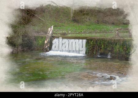 Digital watercolour painting of flowing water, and waterfall cascades ...