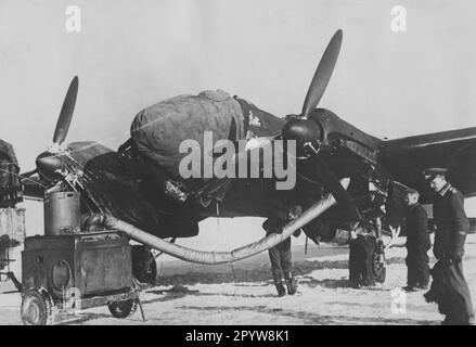Photo of a two-engine Heinkel He 111 bomber during the placement of ...