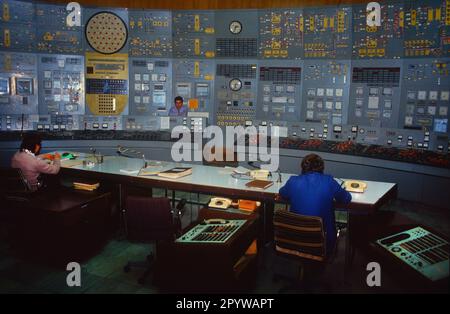 Control room and reactor shut-down switch in Hinkley Point B nuclear power station. Somerset, UK ...