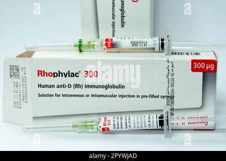 Cairo, Egypt, May 2 2023: Human anti-D (Rh) immunoglobulin Rhophylac ...