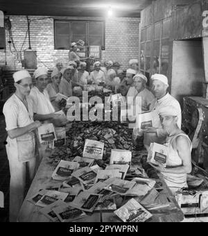 Employees of the industrial bakery Wittler Brot preparing dough. After ...