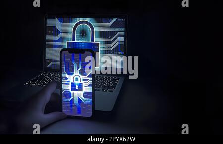 cybersecurity. Phone lock to protect from cyber scam, online data fraud ...