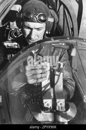 German machine gunner in an airplane during first days of World War 2 ...
