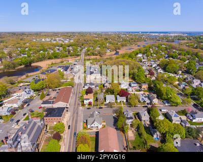 Saugus historic town center aerial view on Main Street in spring ...