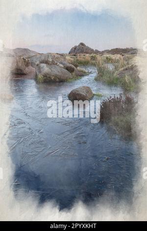 Digital watercolour painting of sunrise at Doxey Pool on The Roaches ...