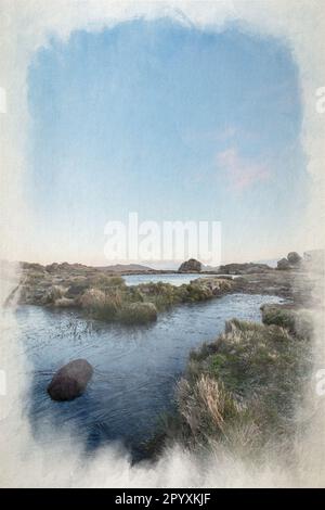 Digital watercolour painting of sunrise at Doxey Pool on The Roaches ...