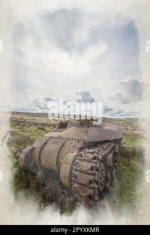 Abandoned Sherman tank digital watercolour painting in the Peak ...