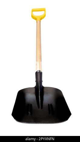front view of steel scoop shovel with wooden handle isolated on white ...