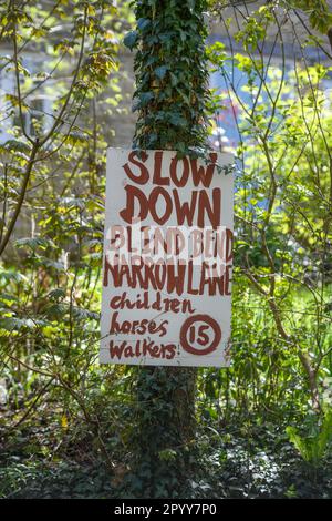 Homemade road sign warning of 'children, horses and walkers' Stock ...