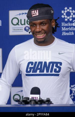 Cornerback Deonte Banks talks to reporters after an NFL football rookie ...