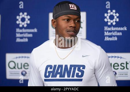 Cornerback Tre Hawkins III talks to reporters after an NFL football rookie camp at the New York ...