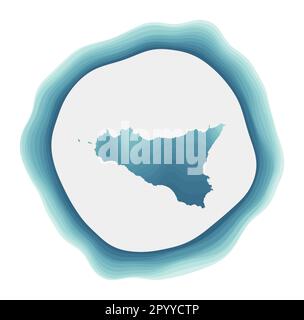 Sicilia Badge. Round logo of island with triangular mesh map and radial ...