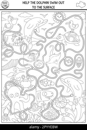 Under the sea maze for kids with turtle, whale, shark, bass, parrotfish ...