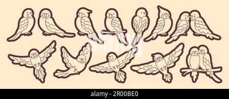 Parrot tropical doodle linear set. Summer wild exotic sitting and ...