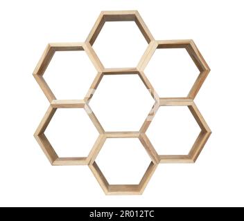 Wooden hexagonal shelf isolated on white background Stock Photo - Alamy