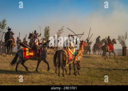 Gniew, Poland, Aug 2020 Winged Hussars, Polish heavy cavalry fight on a ...