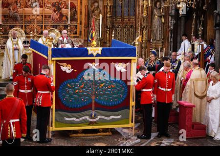 An anointing screen is erected for King Charles III during his ...