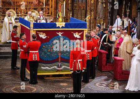 An anointing screen is erected for King Charles III during his ...