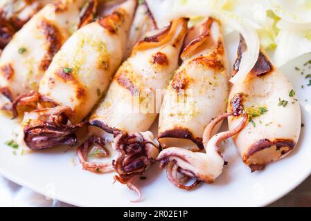 Fresh calamari served in an old Italian restaurant (Tuscany). Daylight ...