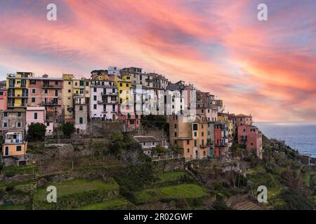 Scenic view of Coniglia village at sunset. Coniglia is located in ...