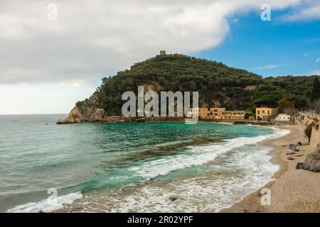 Aerial view of Baia dei Saraceni, stone watchtower near Varigotti ...