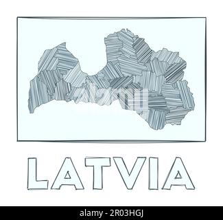 Latvia sketch scribble map drawn on checkered school notebook paper background. Hand drawn ...