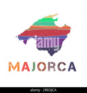 Majorca map. Map of the island with beautiful geometric waves in red ...