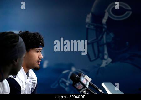 Chicago Bears linebacker Noah Sewell listens to a question from the ...