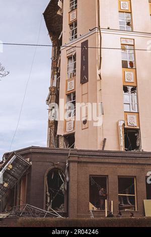 Broken windows of residential civilian building after Russian rocket ...