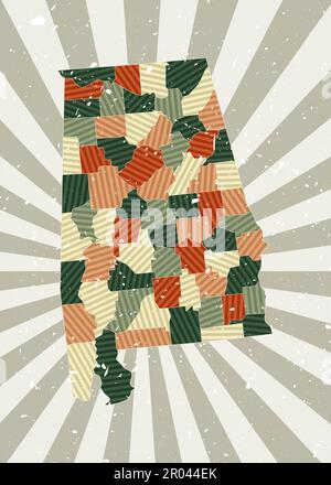 Vintage map of Alabama. Grunge sunburst around the US state. Black ...