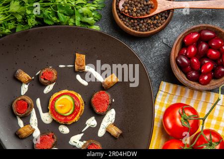 top view cooked squashes with greens on grey background meal vegetable ...