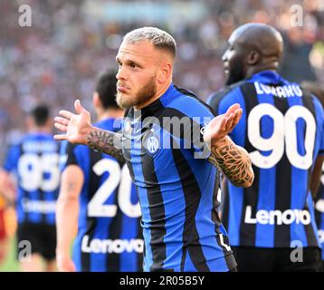 Inter Milan’s Federico Dimarco celebrates after scoring 1-0 during the ...