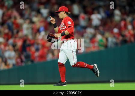 Cincinnati Reds' TJ Friedl reacts after being hit by a pitch in the ...