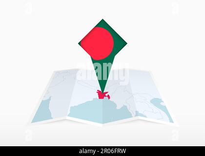 Folded paper map of Bangladesh with flag pin of Bangladesh. Vector ...