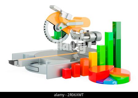 Circular saw with growth bar graph and pie chart. 3D rendering isolated ...