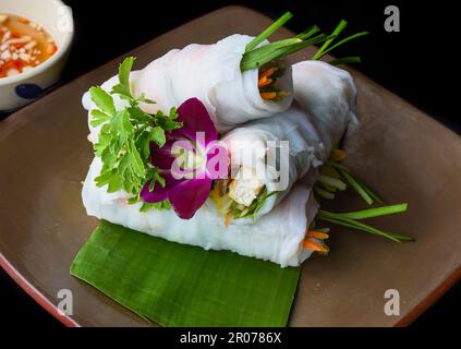 Vietnamese Pho spring roll with seafood, tofu, vegetables isolated on ...
