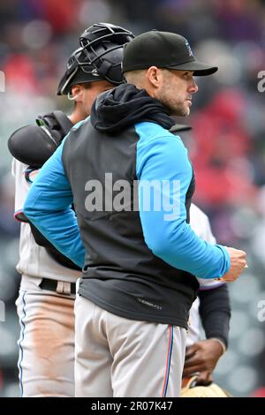 Miami Marlins manager Skip Schumaker stands on the filed before a ...
