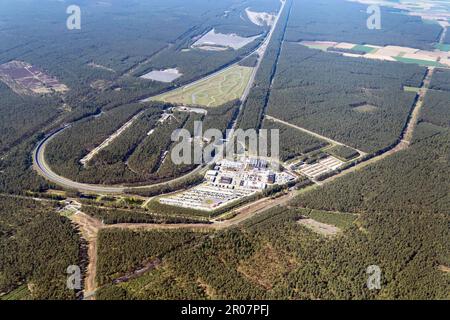 Aerial view, Volkswagen AG test track Ehra-Lessien, roundabout, slopes ...