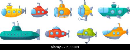 Colorful submarines set with periscope isolated on white background ...