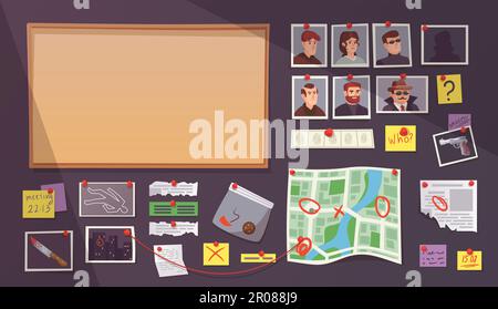 Detective board elements. Police wall pinboard with picture of suspect ...