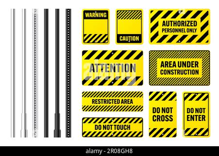 Warning, danger signs, attention banners with metal poles. Yellow ...