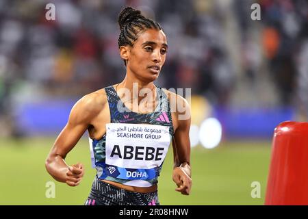 Doha, Qatar, 5 May 2023. Mekides Abebe of Ethiopia reacts in 3000m Steeplechase Women race ...