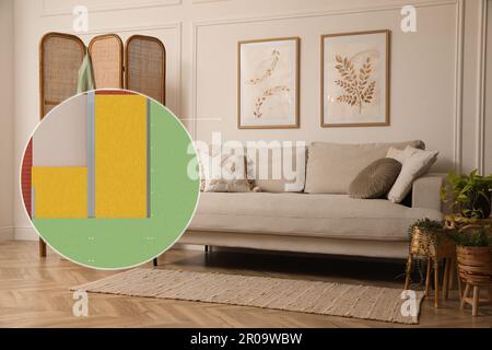 Layered scheme of wall insulation and stylish room interior Stock Photo ...