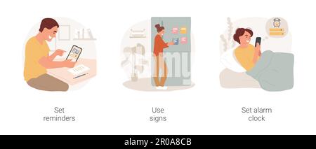 Time management stickers set set. Cartoon illustrations. Dash line ...