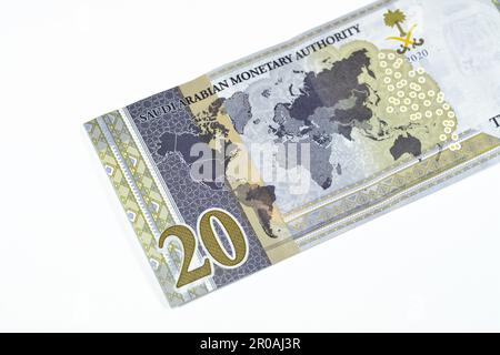 Reverse side of 20 SAR twenty Saudi Arabia Riyals banknote currency ...