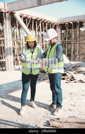 Two specialists inspect commercial, Industrial building construction ...