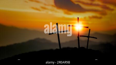 Golgotha hill with cross of Jesus Christ drawing made in ash, sand or ...