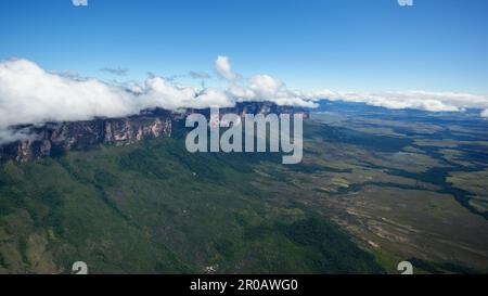 Panorama of landscape from Gran Sabana. White clouds in blue sky over ...