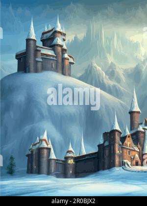 Snow queen castle, fantasy snow land on hill, trees in snow, winter ...