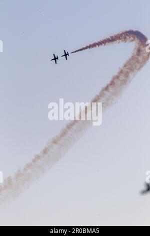 Breitling jet team formation at Aerolac with smoke trail Stock Photo ...